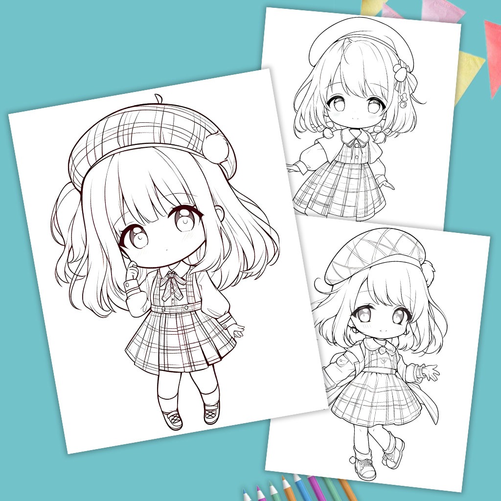 Cute Chibi Theme Coloring Pages for Children Size A4, A5. Set of 25-50 ...