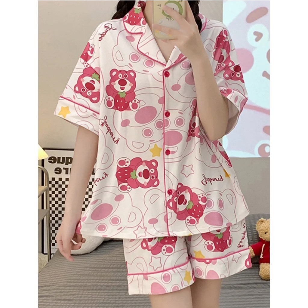 Women's pajamas set made of Thai kate material with super cute white ...