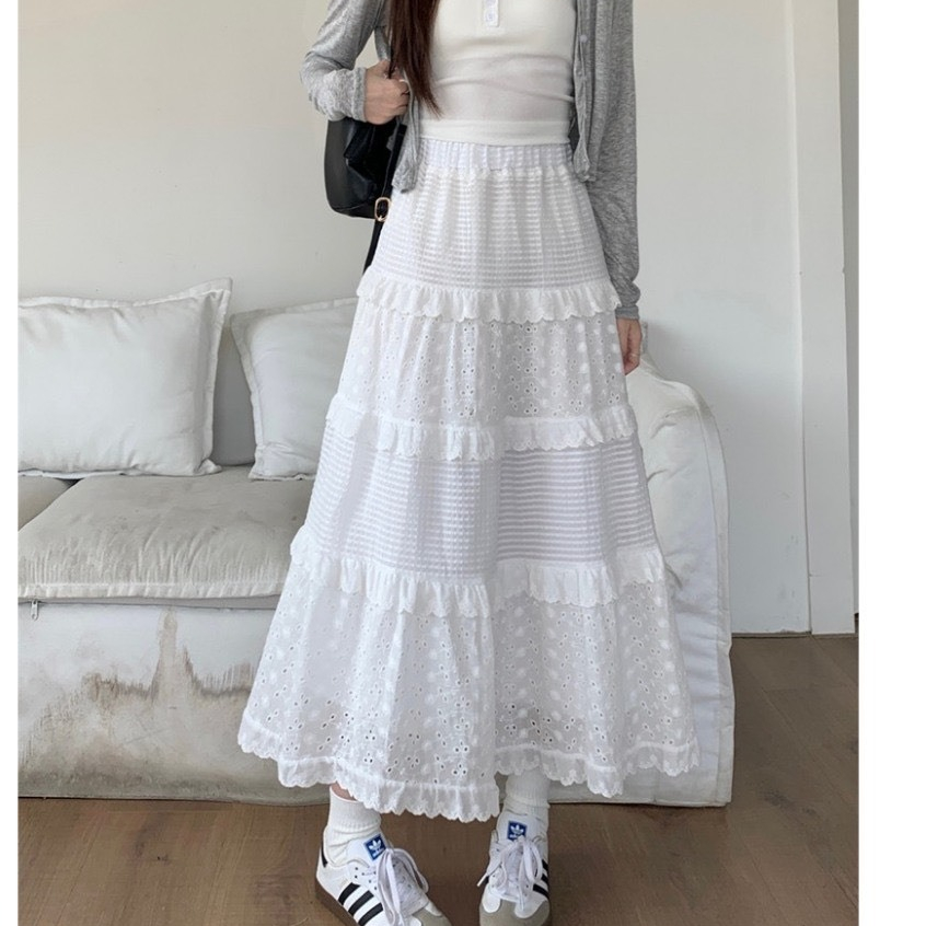 Midi Skirts Rough White Lace Ruffled Seam Layered A Shape Smooth ...