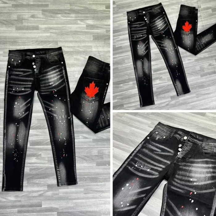 Dsq men's long jeans embroidered with beautiful high-quality red maple ...