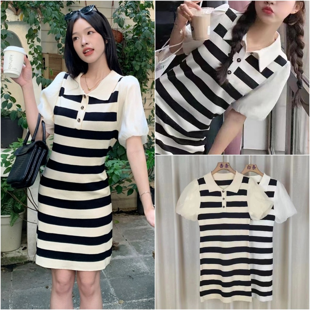 Polo dress with horizontal horizontal stripes ribbed neckline ...