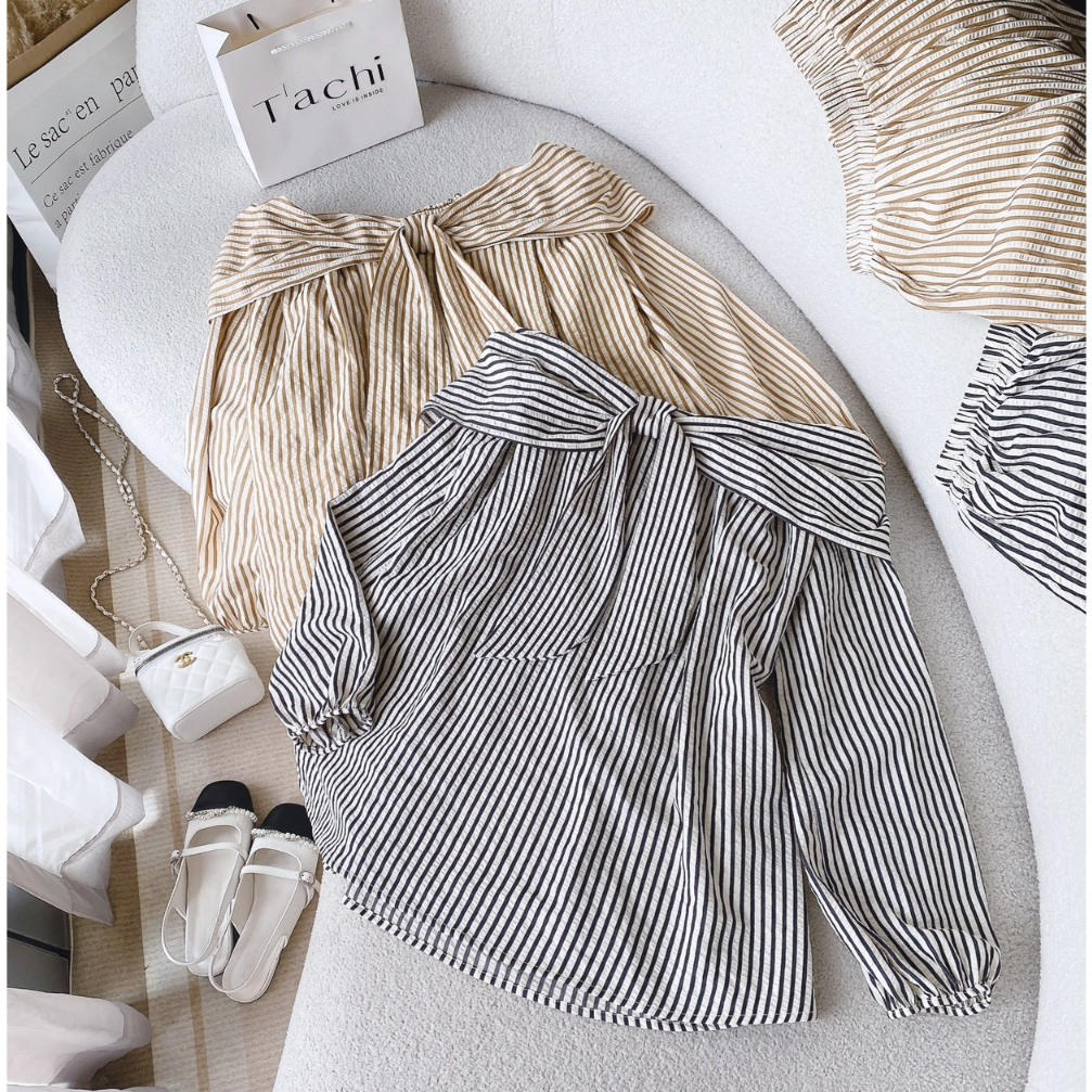 Set of striped shirt design off shoulder with chest bow + short 2M ...