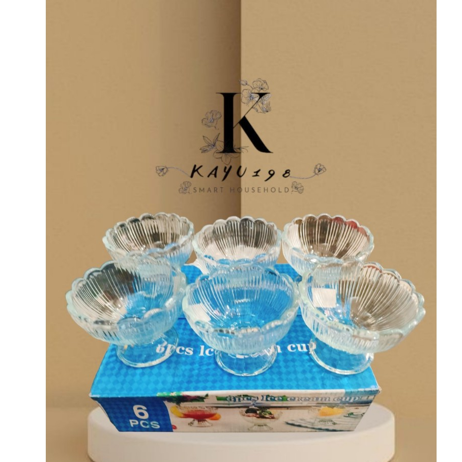 Set of 6 Glass Ice Cream Cups with Serrated Pattern Cup Mouth Stand ...