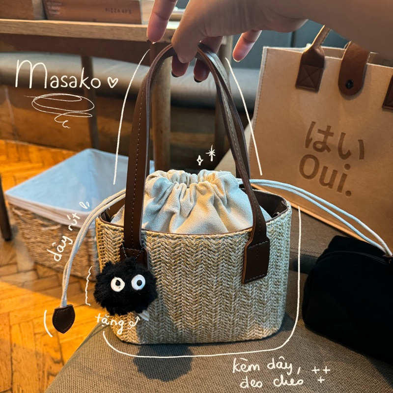 [ Charm Included ] MASAKO まさこ Rattan Bag - Rattan Bag with Drawstring ...
