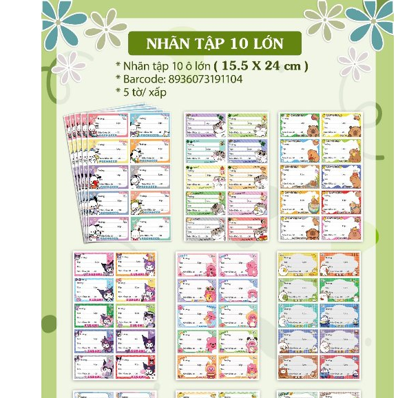 Combo of 50 notebook labels CAPYBARA, LOOPY, KUROMI, Doraemon, Pochacco ...
