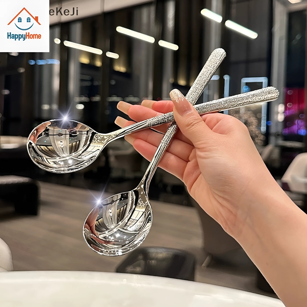 Shiny anti-rust long-handled stainless steel spoon, round-headed ...