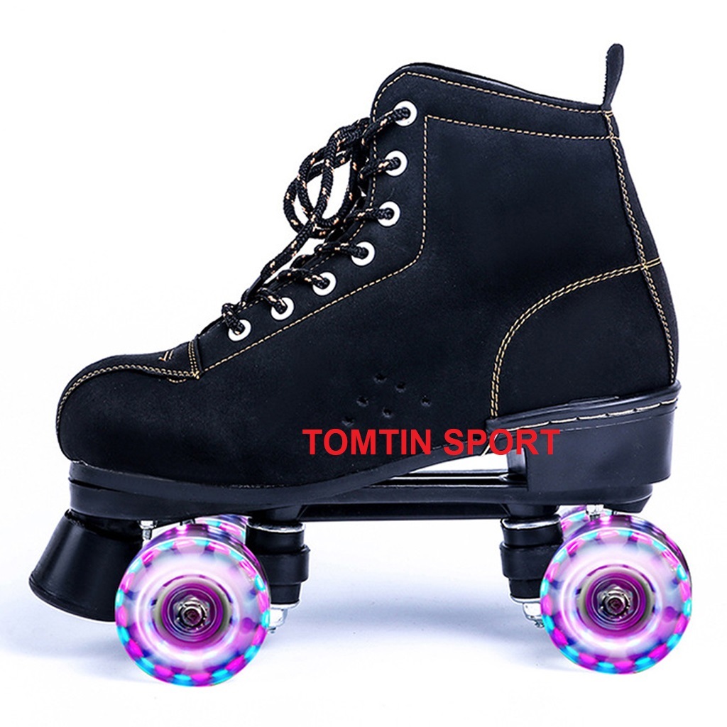 Adult 2-row, 4-wheel roller skates with led lights, black and blue felt ...