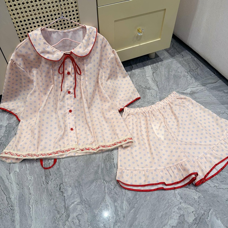 -Pink Pajamas Set with red polka dots (real photo covering the floor ...
