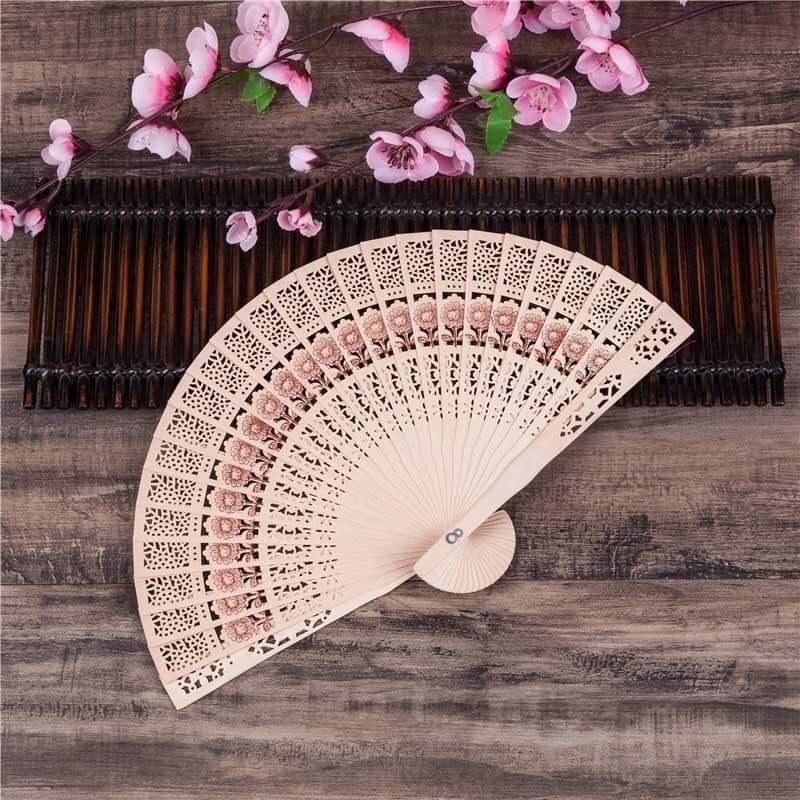 Antique wooden folding fan with cherry blossom and sunflower wood slats ...