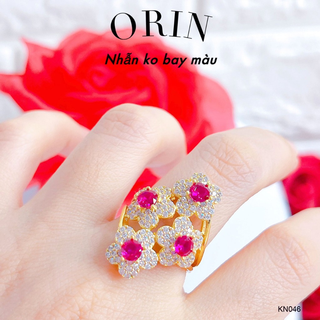 Bronze women's ring that does not fade with cluster flowers and pink stones with the symbol Orin ...