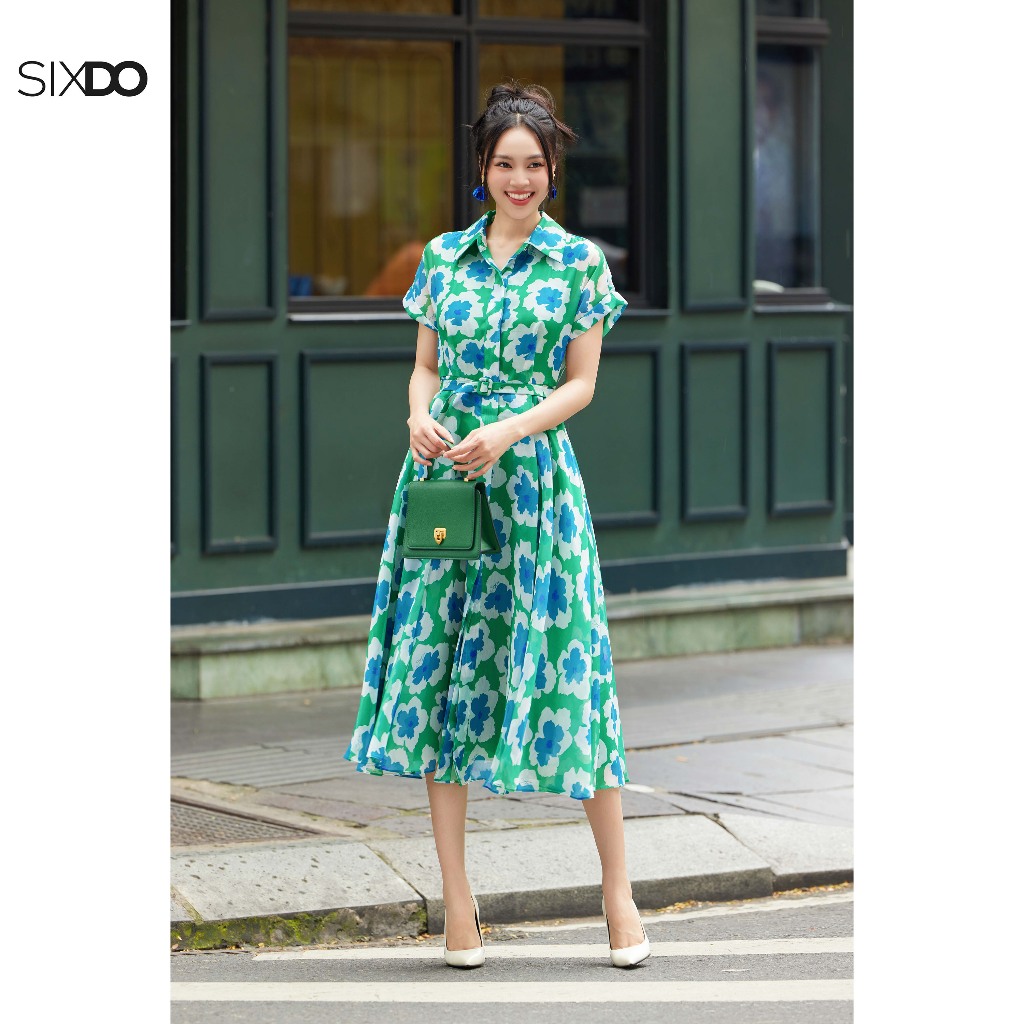 Sixdo Green Flower Cap Sleeves Midi Dress (Green Flower Cap Sleeves ...