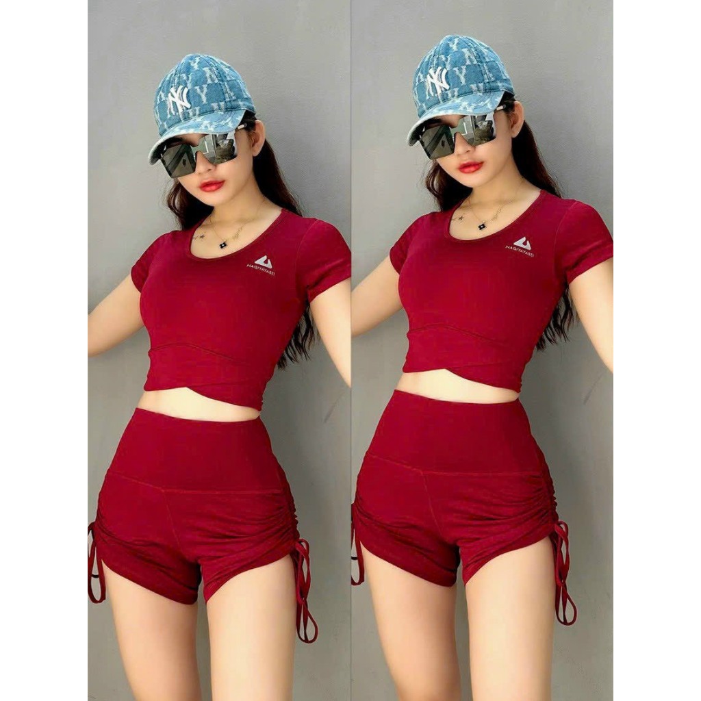 Set Aerobic Shorts Drawstring Female Sportswear Set | Shopee Malaysia