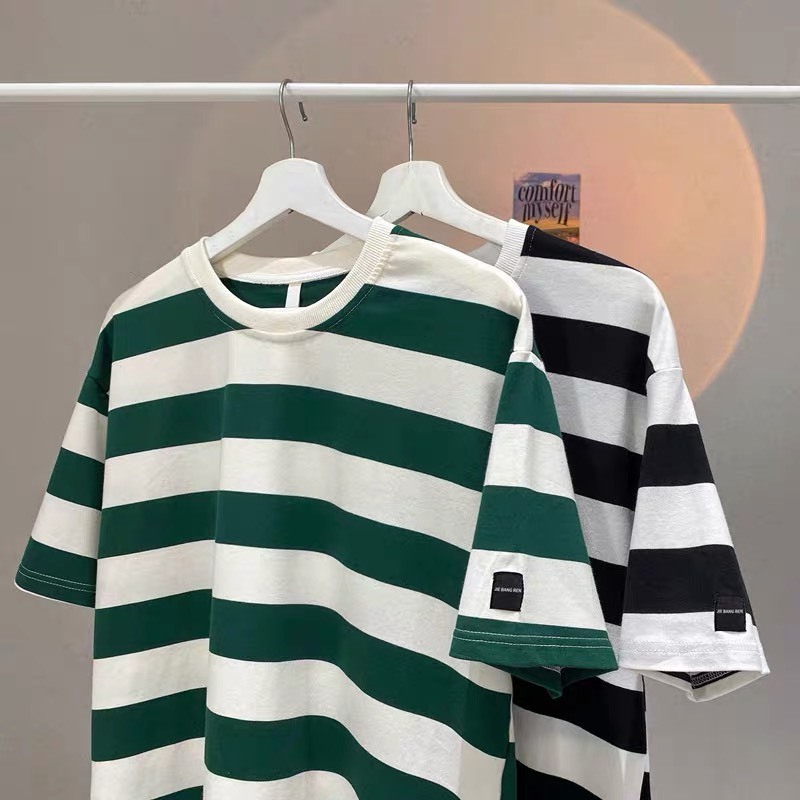 APT Unisex Horizontal Striped T-shirt for Men and Women Loose-Sleeved T ...