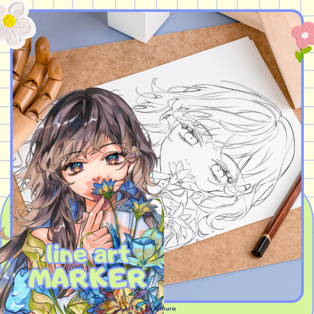 Line art marker coloring pages anime paintings a5 size roki paper 250 ...