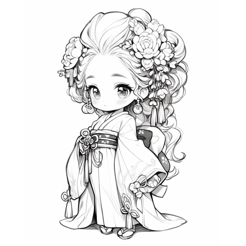Cute ancient Chibi - Set of 70 A4 A5 Coloring Pages for Wax, Pencil ...