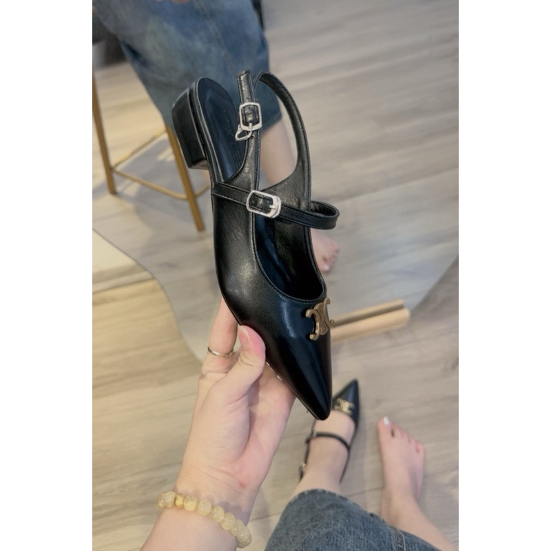 X Buckle Pointed Toe Shoes with Open Heel Square Sole, Soft Upholstered ...