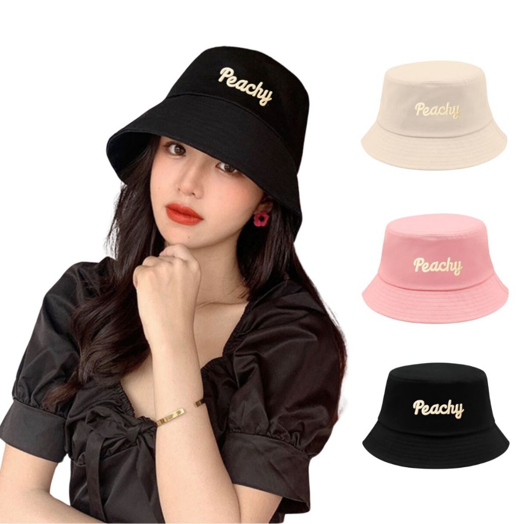 Peachy embroidered plain bucket hat, colorful Ulzzang plain bucket hat ...