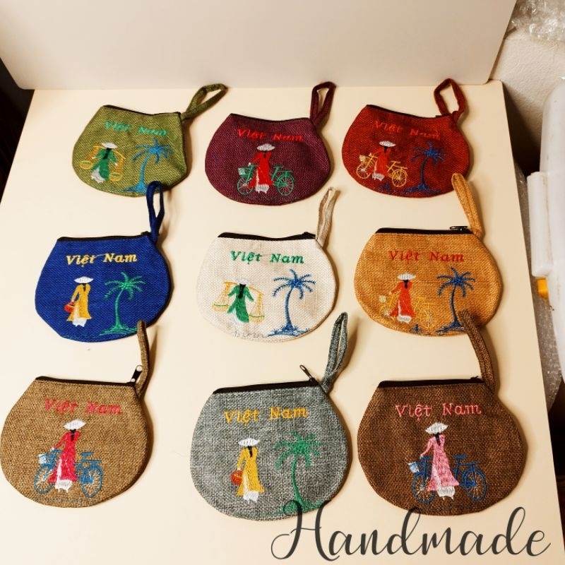 Jute fabric mini wallet embroidered with Vietnamese ao dai - coin purse ...