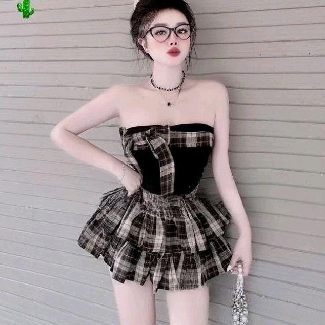 Bow tube top set with padded bra and layered checkered skirt (BC ...