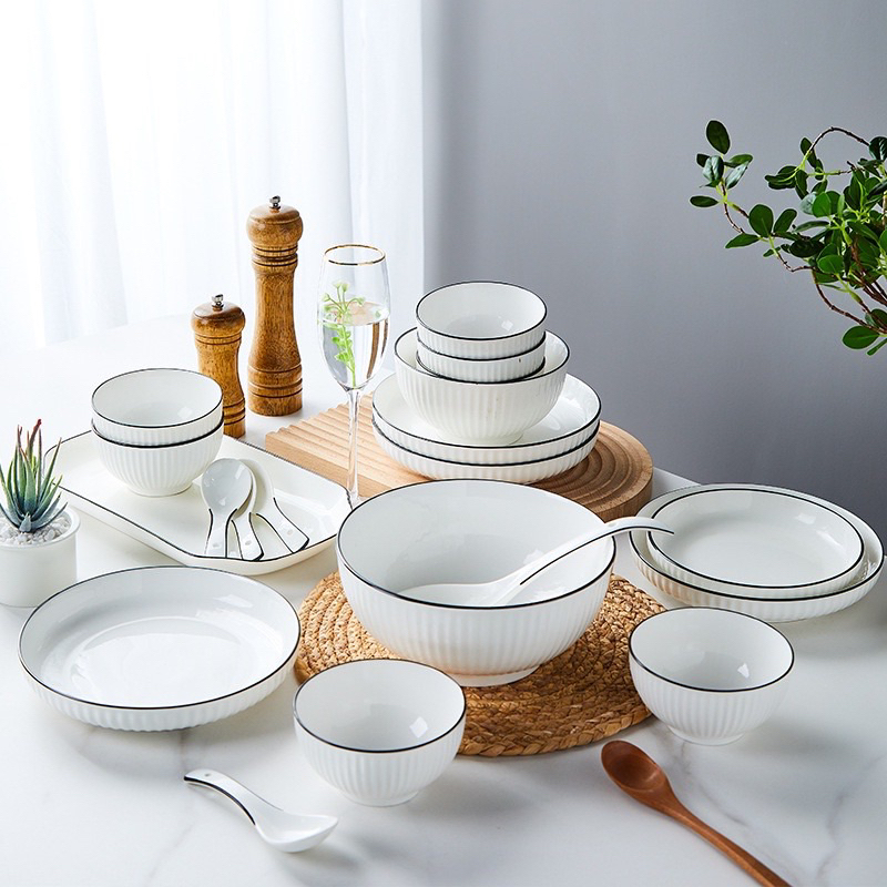 Retail of White Dinnerware Set with Black Border, Shiny Enamel Bowl ...