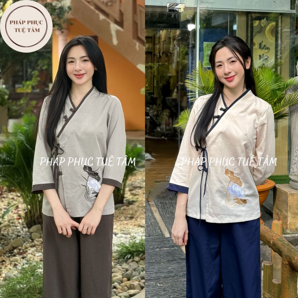 Women's temple outfit with diagonal tie embroidered with lotus flowers ...