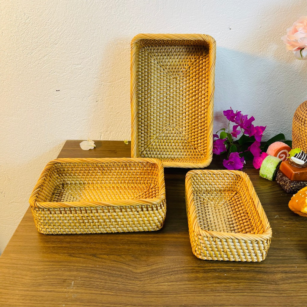 Rectangular rattan tray set of 3 - Used to decorate the dining table ...