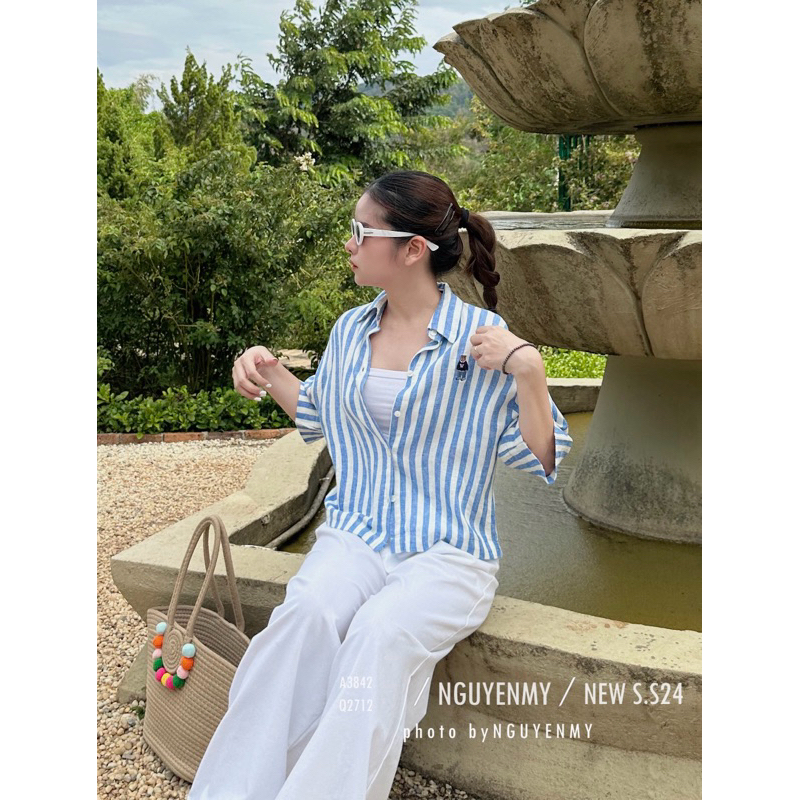 Nguyenmy - linen striped shirt with embroidered hem (Original image ...