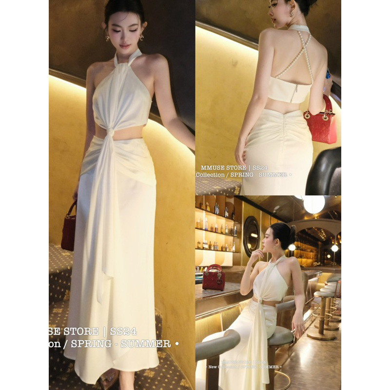 Silk Overalls Set With Pearl Waist And Long Shrugged Skirt Legs ...