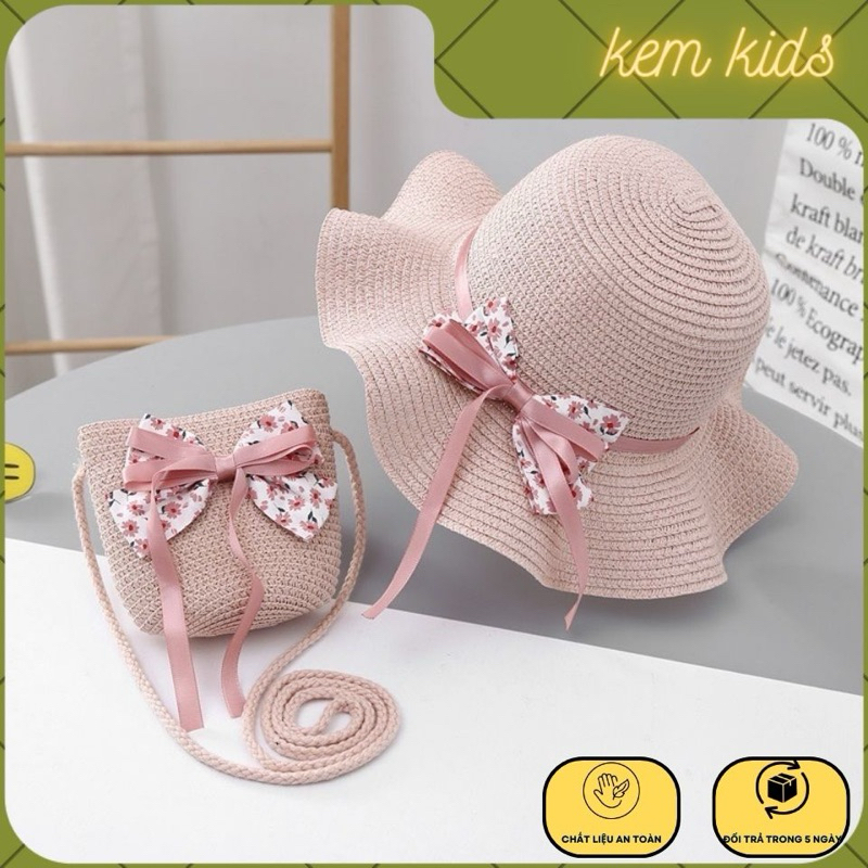 Sedge hat, hat set with beautiful flower bow bag for children going out ...