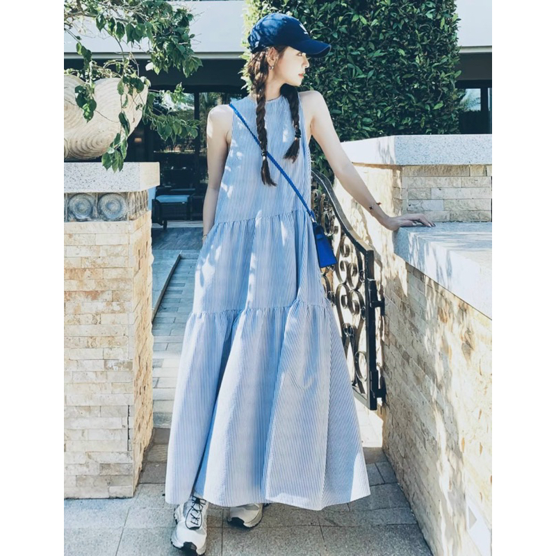 Fishtail blue stripe dress with 3 layers of summer form | Shopee Malaysia