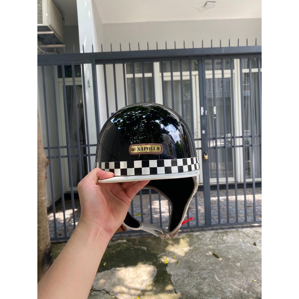 Napoli half-head helmet, black, white checkered leather, Bosozoku Japan ...