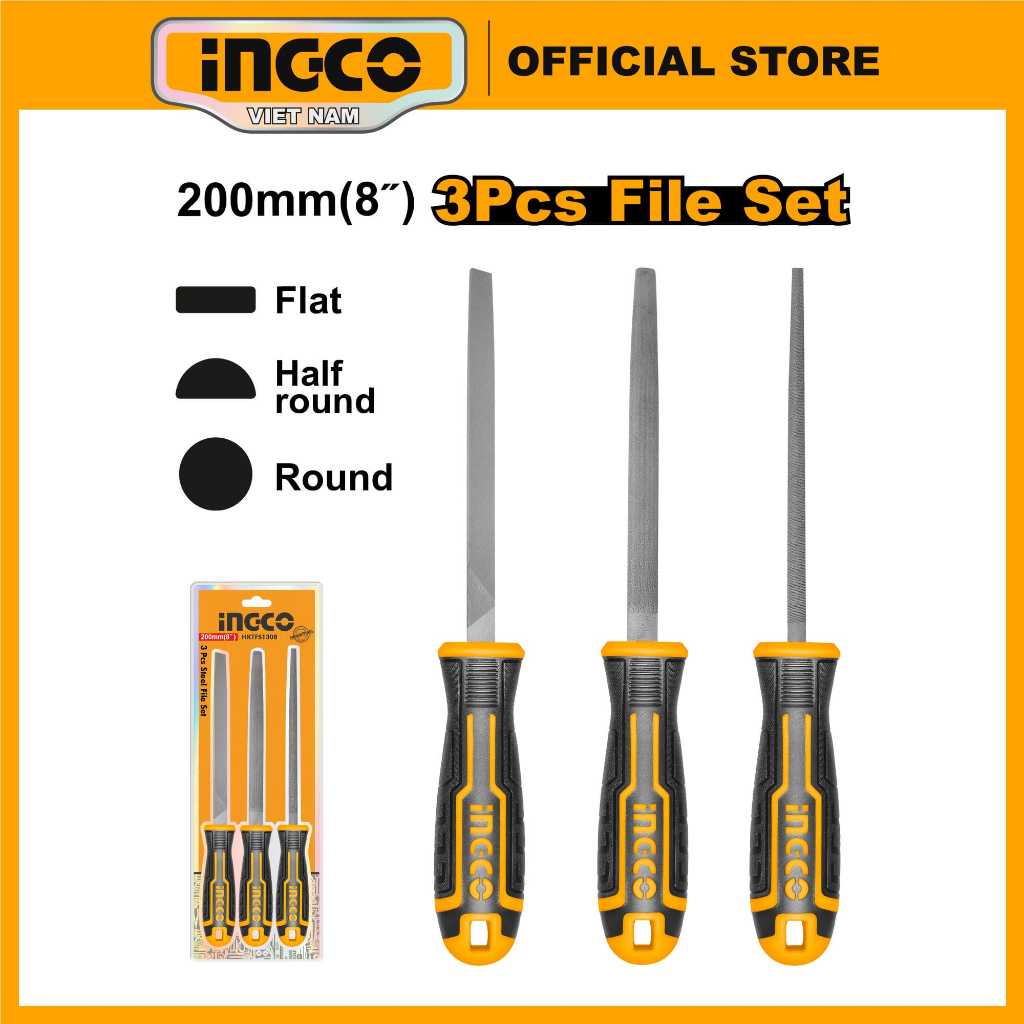 Set of 3 flat, round, semi-circular steel files INGCO HKTFS1308 size 8 ...