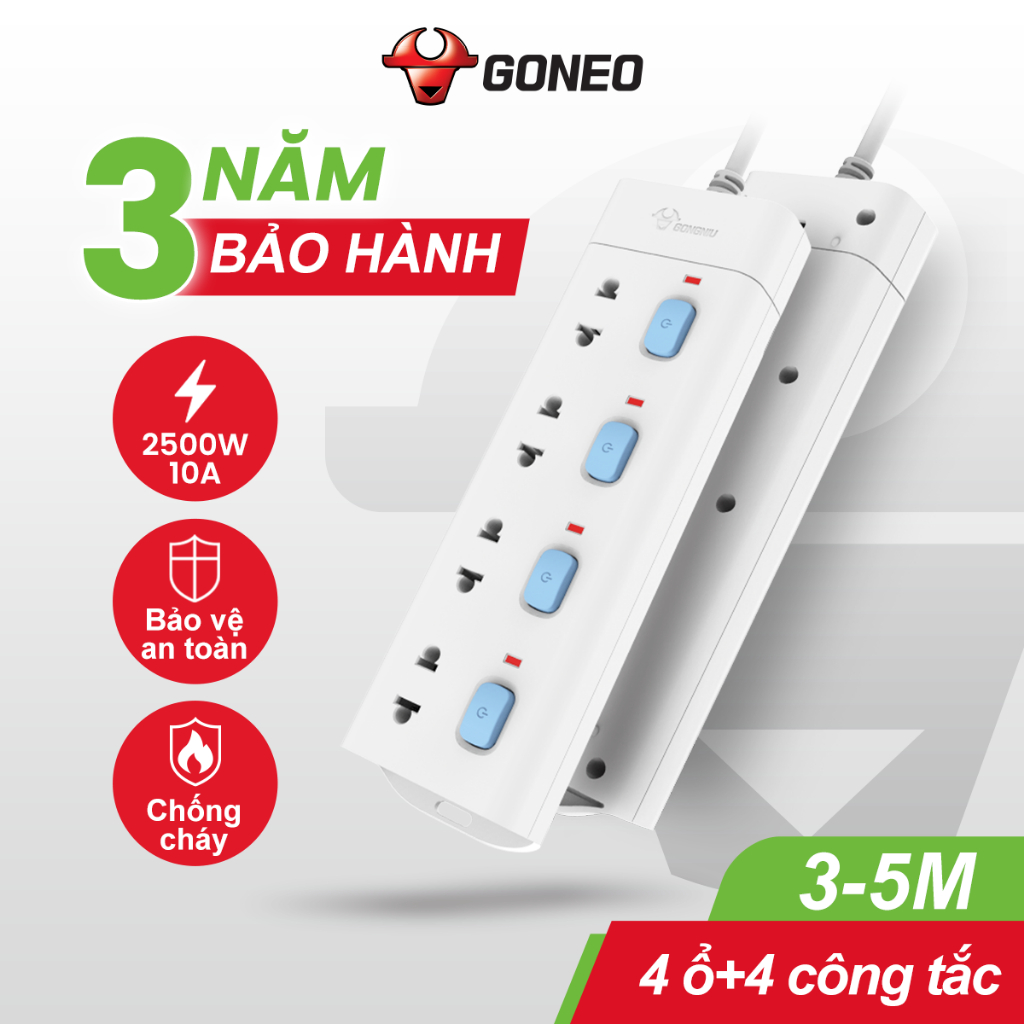 GONGNIU Fireproof Electrical Socket - 4 Outlets 4 Switches - 2500W/10A ...