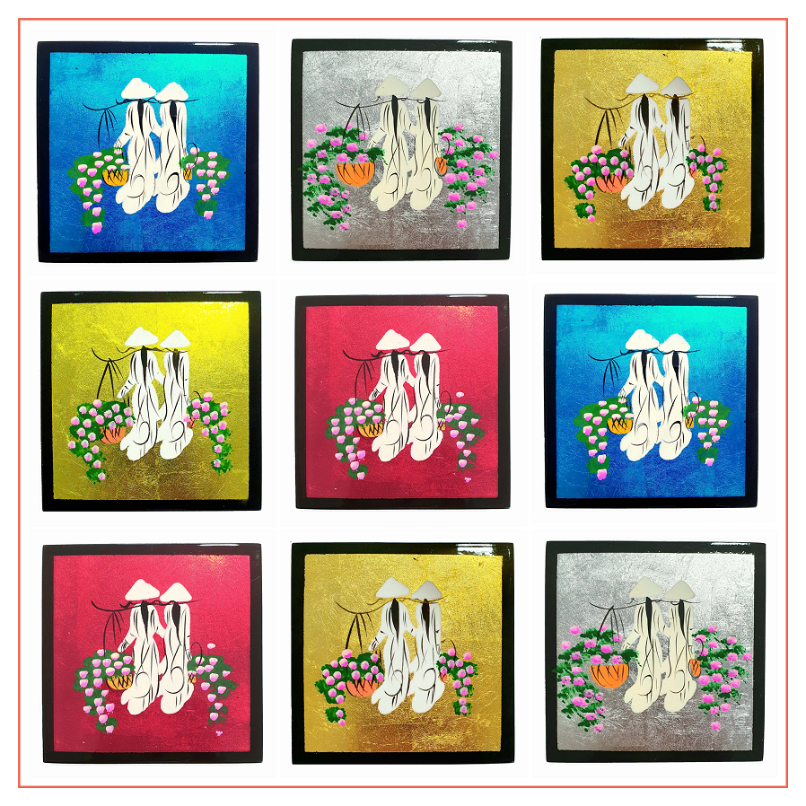 6-piece lacquer coaster set with carrying case - ao dai girl model ...