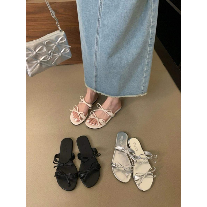Simple round toe flat sandals with thin straps and bow tie, big size 35-45 | Shopee Malaysia