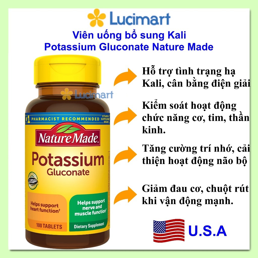 Nature Made Potassium Gluconate supplement pills, jar of 100 pills ...