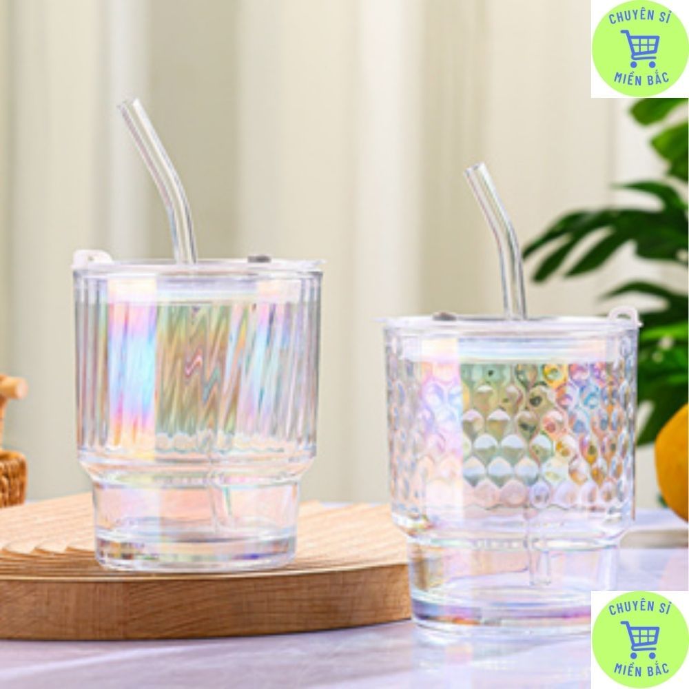 Colorful ColorFul Glass Cup with lid and straw included 420ml - There ...