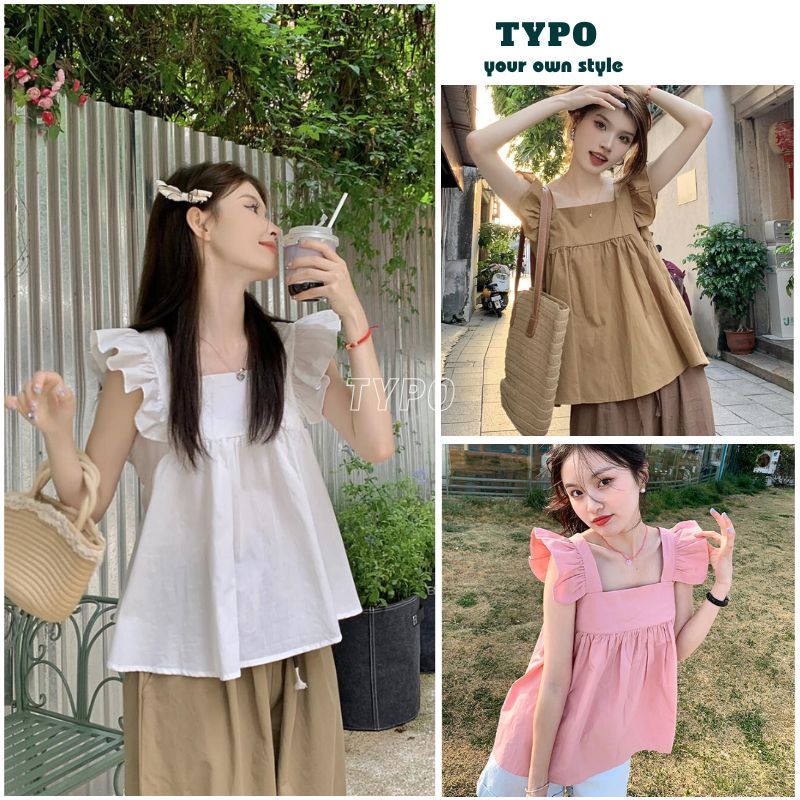 TYPO Babydoll butterfly sleeves top with duckweed, soft raw rough ...