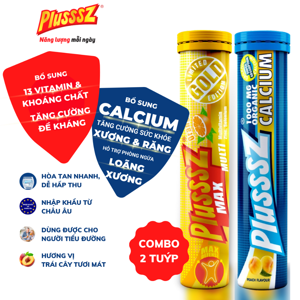 {COMBO 2 TUBES} Plusssz Max Multivitamin effervescent tablets orange flavor + Plussssz Organic ...