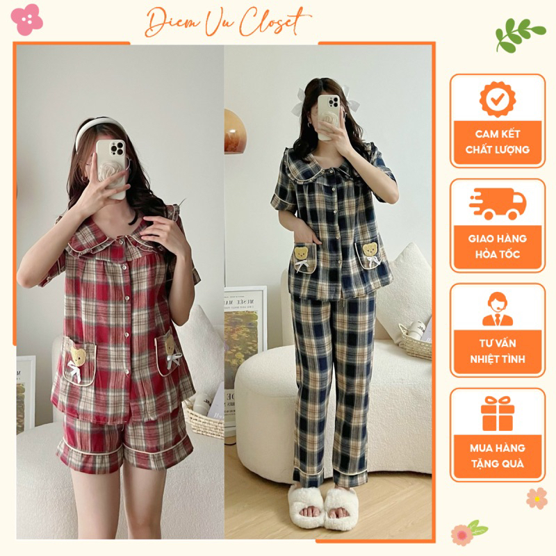 [REAL Photos + VIDEO] Checkered pajama Set with bear pockets, simple ...