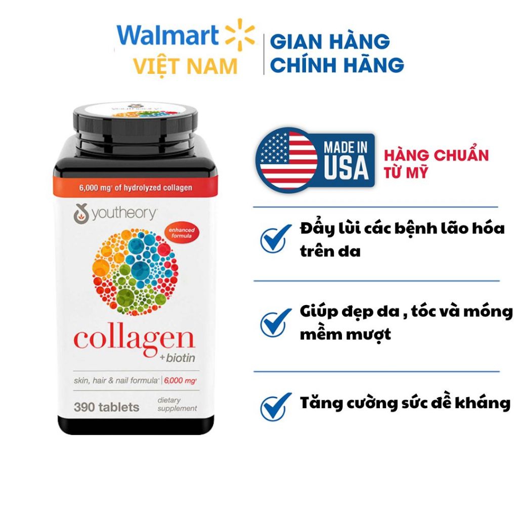 Youtheory Collagen + Biotin 6000mg Collagen Oral Tablet Box Of 390 ...