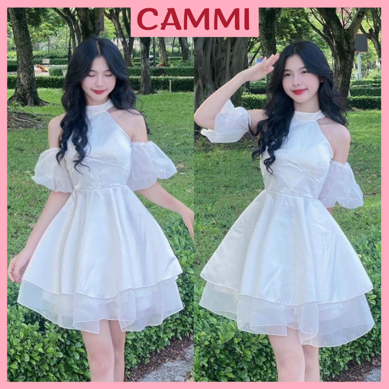 White ruffle dress, halter neck dress (with chest pad) off-the-shoulder ...