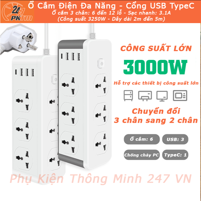Double-sided Multi-Purpose Power Socket with USC TypeC Port, 3-Pin to 2 ...