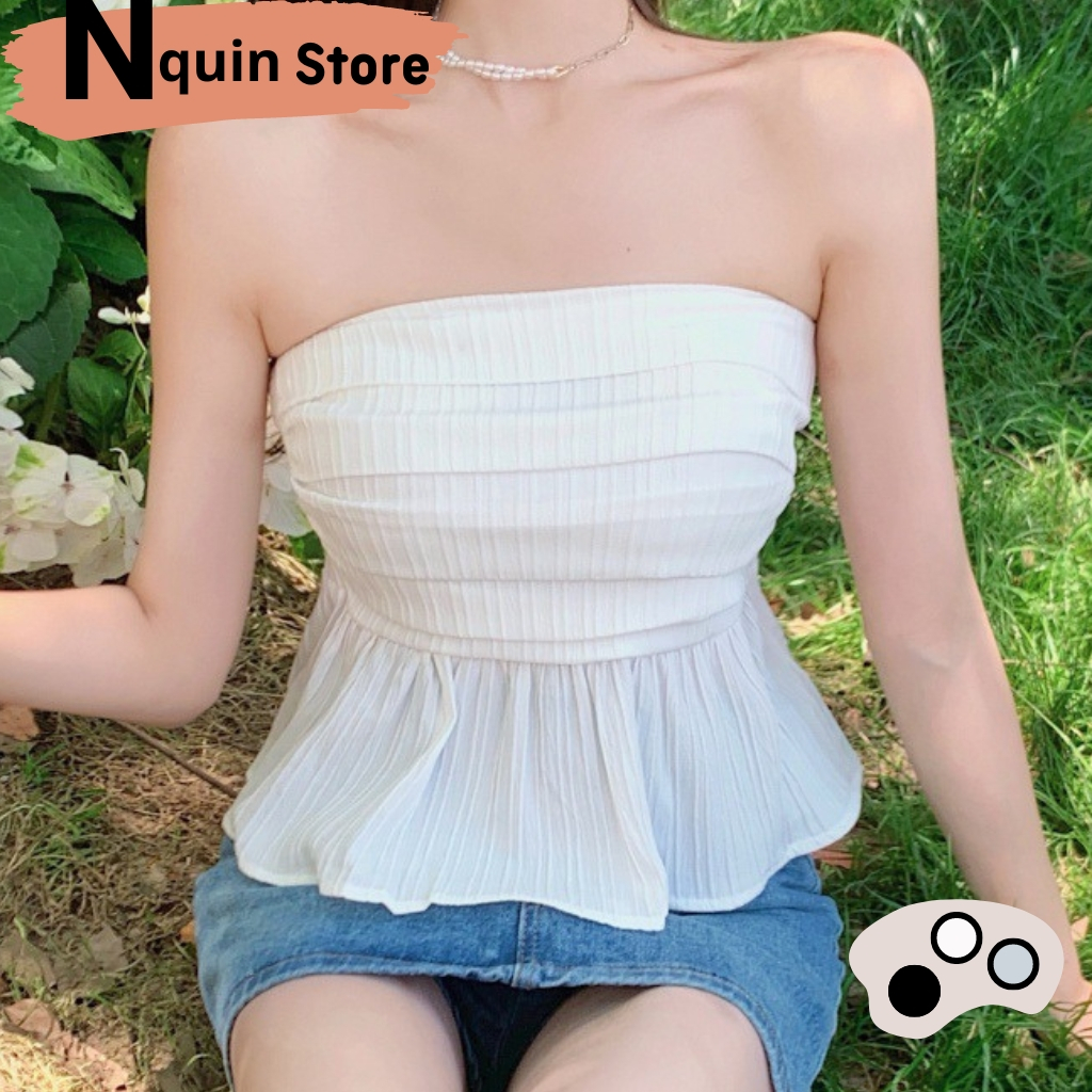 Pleated off-the-shoulder blouse, women's tube top designed with a ...