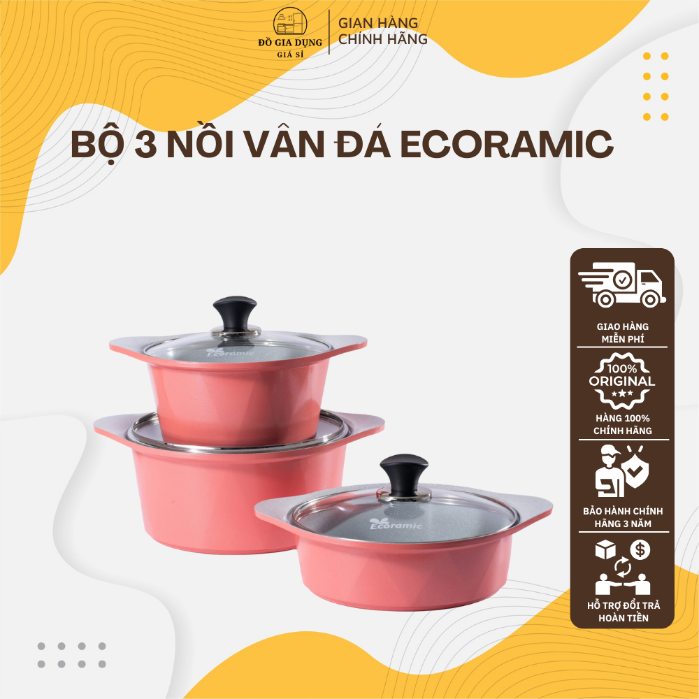 [Free bag Silicone Pot] Set Of 3 ECORAMIC Stone Pots, Non-Stick Pot Set ...