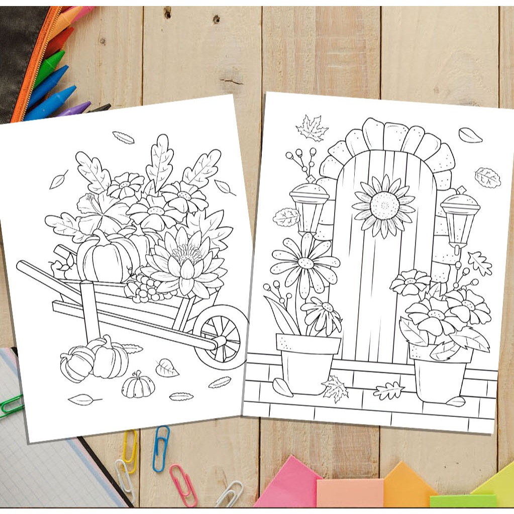 Set of 50 Autumn Theme Coloring Pages Coloring with Wax and Pencil ...