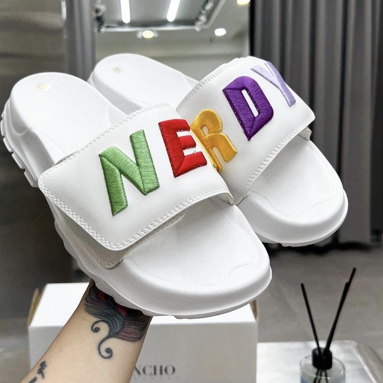 N.e.r.d.y Slippers In White - Black With Premium Embroidery logo Full ...