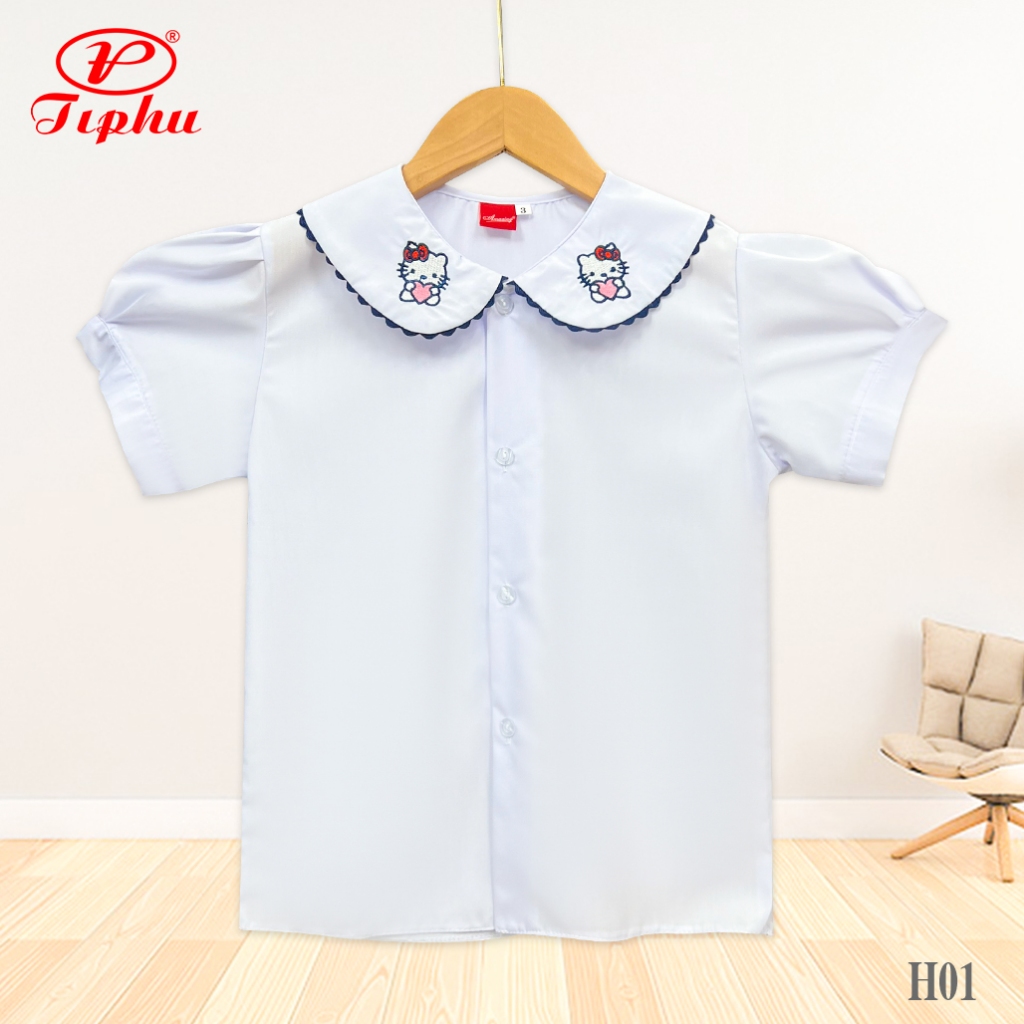 White student shirt, lotus collar with cute sailor border, puffed ...