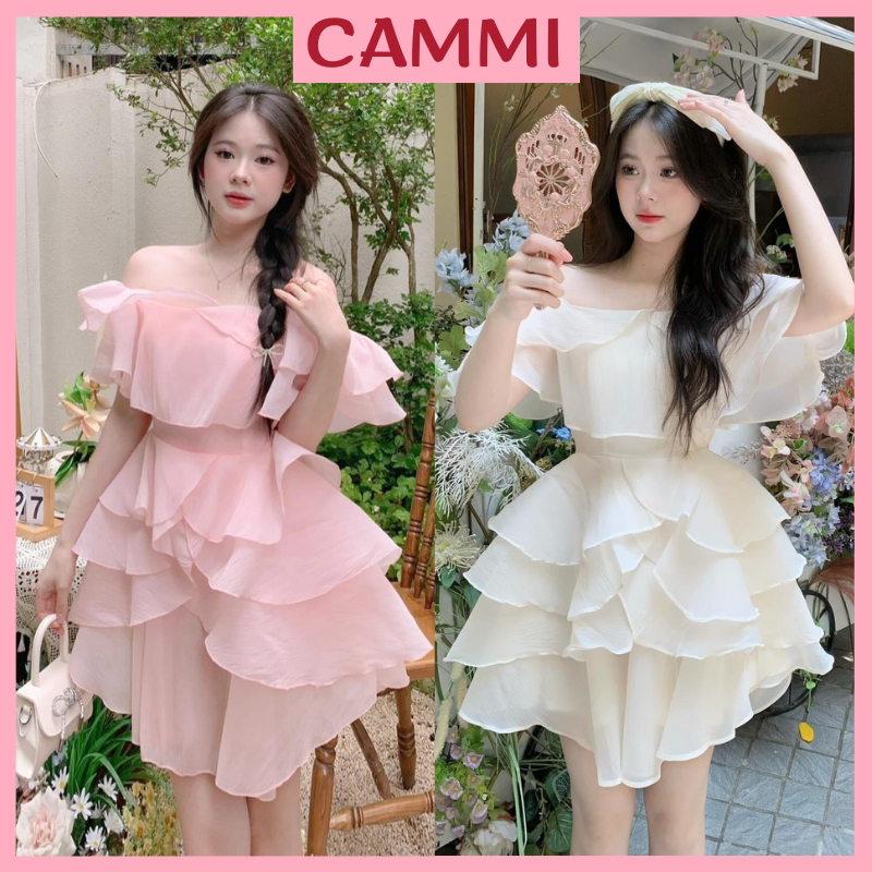 Lady layered off-the-shoulder dress made of sponge silk, birthday event ...