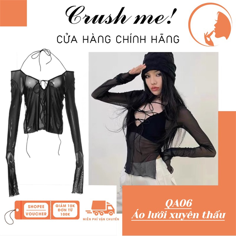 Crush me!Qa06 Thin lace mesh t-shirt with slit and tie back with hacked neck y2k punk acubi ...